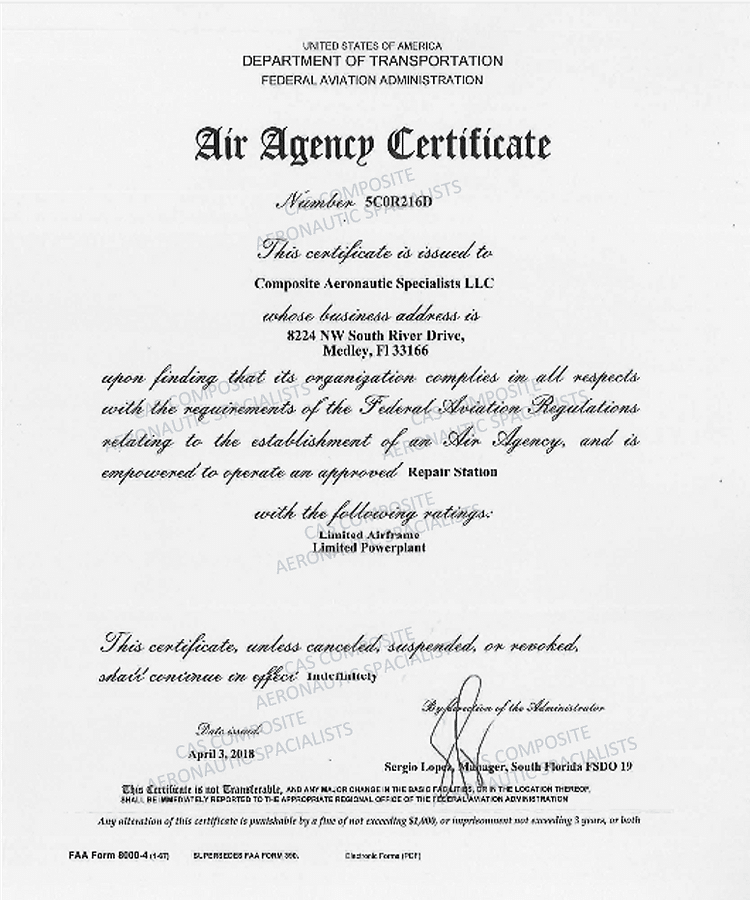 Certifications – Composite Aeronautic Specialists, LLC
